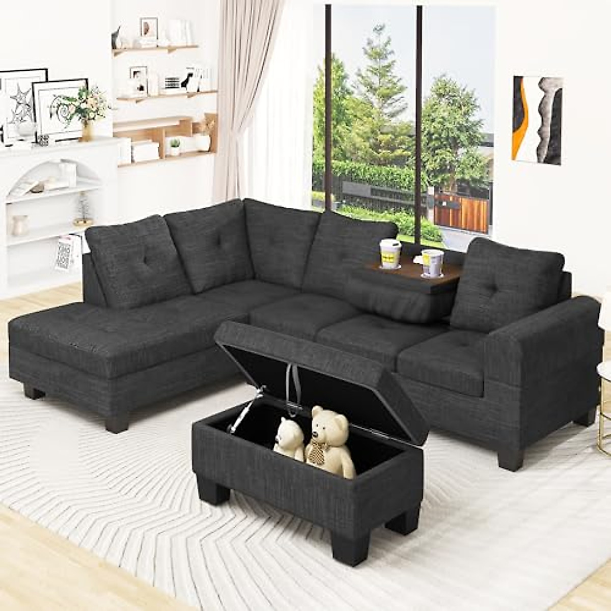 AWQM Modular Sectional Sofa with Ottoman, Fabric L-Shaped Couch with Chaise & Cup Holders, Living Room Furniture Sets Sectional Sofa Set, 6 Seat Corner Couch Sofa for Living Room, Apartment