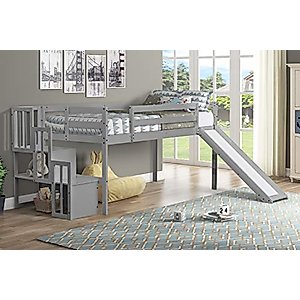 Longrune Twin Floor Loft Bed with Slide and Storage Staircase, Saving Space, for Kids Bedroom, Grey