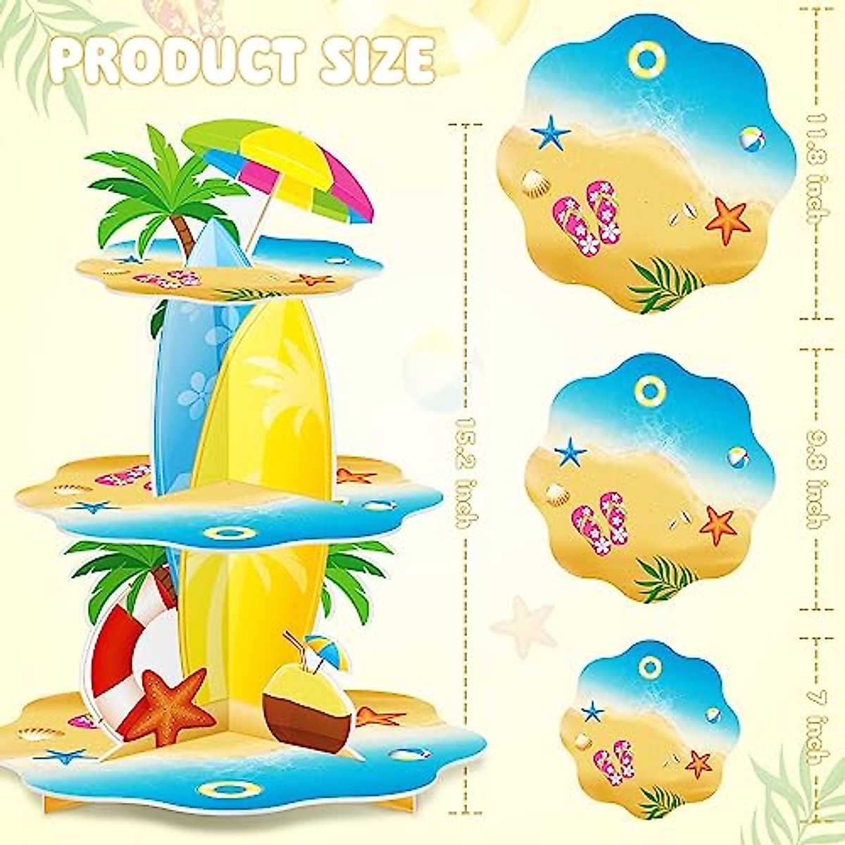 Summer Beach Party Cupcake Stand Decorations 3 Tier Pool Theme Cake Holder Luau Hawaiian Party Dessert Stand Tower for Kids Office Classroom Beach Birthday Party Baby Shower Wedding Party Supplies