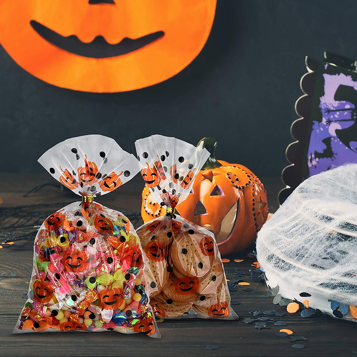 Halloween Pumpkin Print Cone Cellophane Bags Heat Sealable Halloween Treat Candy Bags Gift Bags and Golden Twist Ties for Halloween Treat Party Favor (100 Sets)