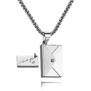 SHINYY Envelope Love Letter Necklace for Women and Men Stainless Steel Engraved Locket with I Love You Secret Message Jewelry Pendant Gift for Couples and Family (Silver)