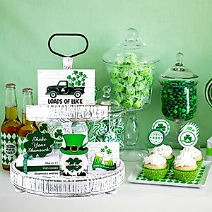 St Patricks Day Tiered Tray Decor Set, 7 Pieces Thick Wooden Lucky Shamrock Mini Sign Farmhouse Rustic Table Ornaments for Home Decor Kitchen Table Decoration, Housewarming Gift [Tray Not Included]