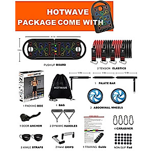 HOTWAVE Portable Exercise Equipment with 16 Gym Accessories.20 in 1 Push Up Board Fitness,Resistance Bands with Ab Roller Wheel,Full Body Workout at Home,Patent Pending