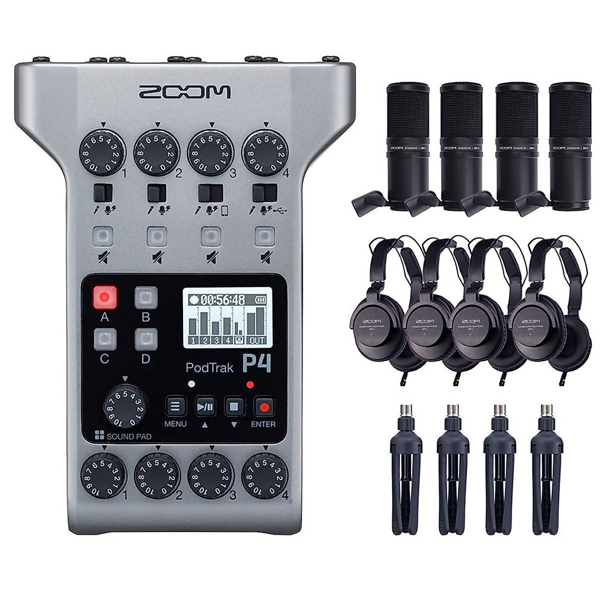 Zoom PodTrak P4 Portable Multitrack Podcast Recorder Bundle with 4X Zoom ZDM-1 Podcast Pack