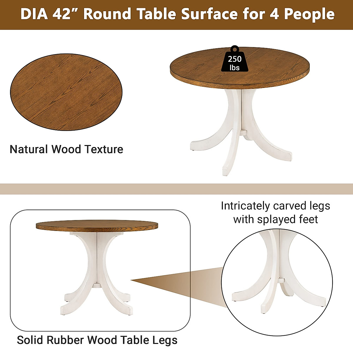 5-Piece Round Dining Table Set Solid Wood Kitchen Table and Chairs for 4, Mid-Century Modern Small Breakfast Table Set with 4 Upholstered Dining Chairs, Walnut Table+Beige Chair