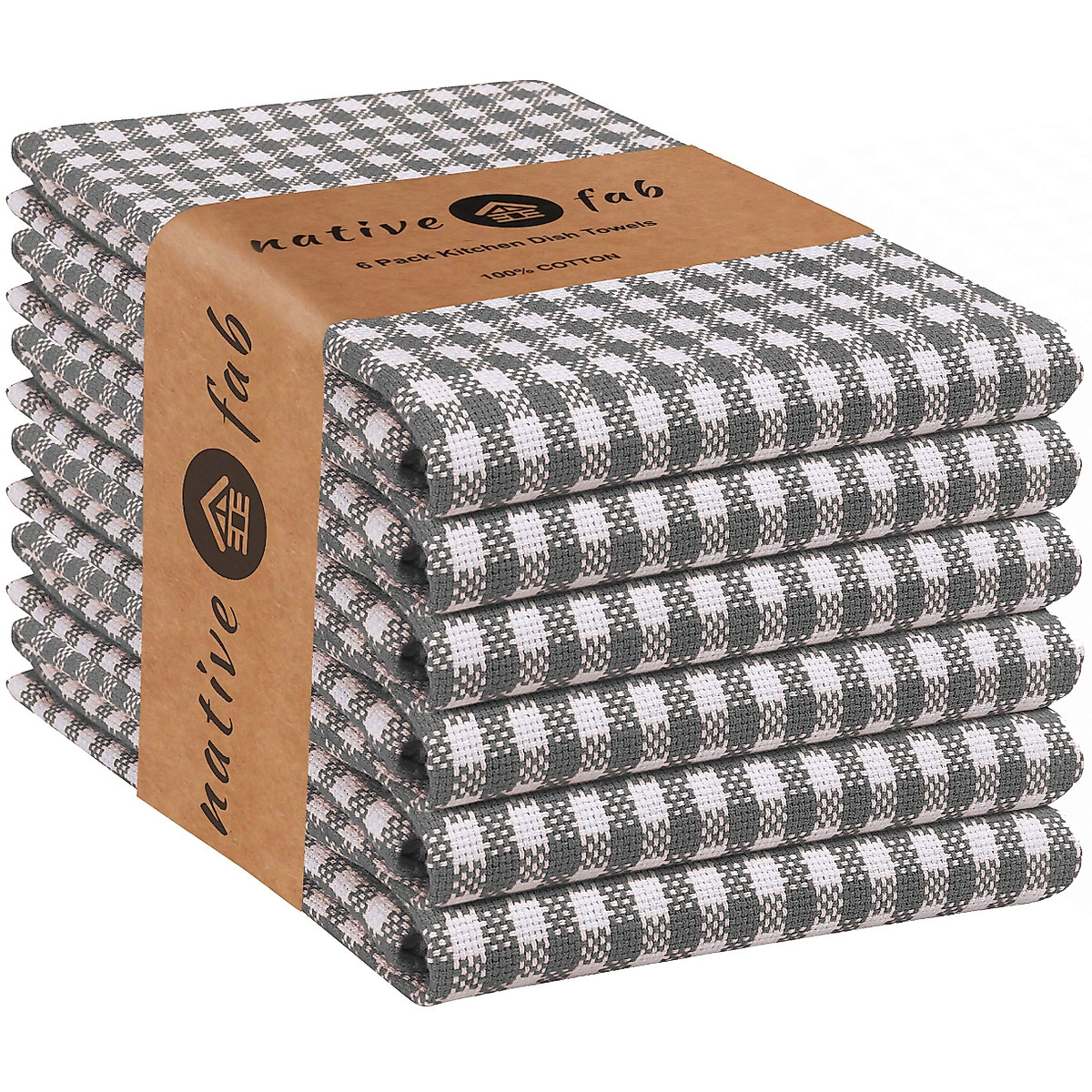 Native Fab 6 Pack Gingham Farmhouse Kitchen Dish Towels Cotton Absorbent Durable Washable 15x25 - Tea Towels, Dish Cloths, Restaurant Cleaning Towels, Kitchen Towels with Hanging Loop, Grey White