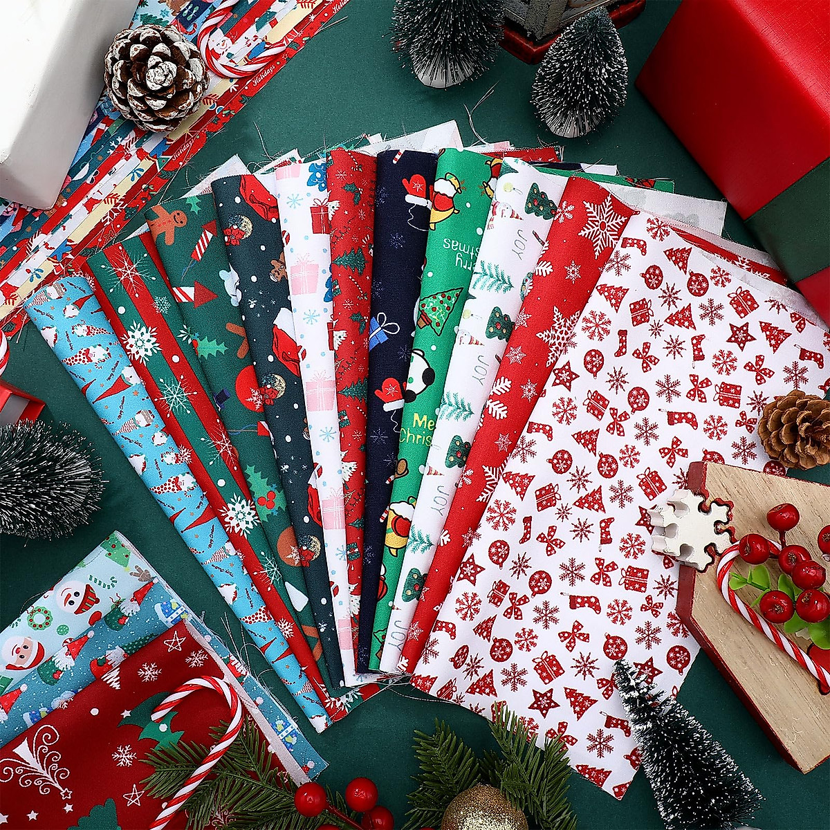 Ganeen 100 Pcs 10 x 10 Inch Winter Christmas Fabric Squares Snowflake Snowman Santa Quilting Fabric Bundles Red Green Blue Fat Fabric Patchwork Scraps Pre Cut Quilt Squares for DIY Craft