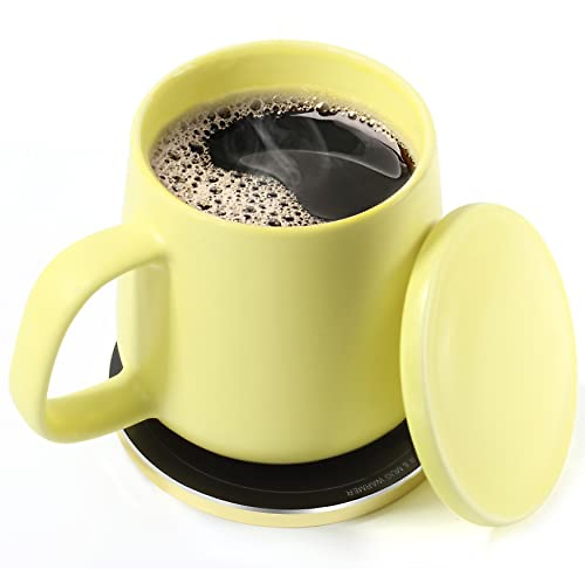 APEKX Auto On/Off Gravity-Induction Coffee Mug with Temperature Control 113°F/45°C Cup Warmer Self-Heating Coaster with Wireless Charging Function Gifts for Home Office (Mug Included) Yellow