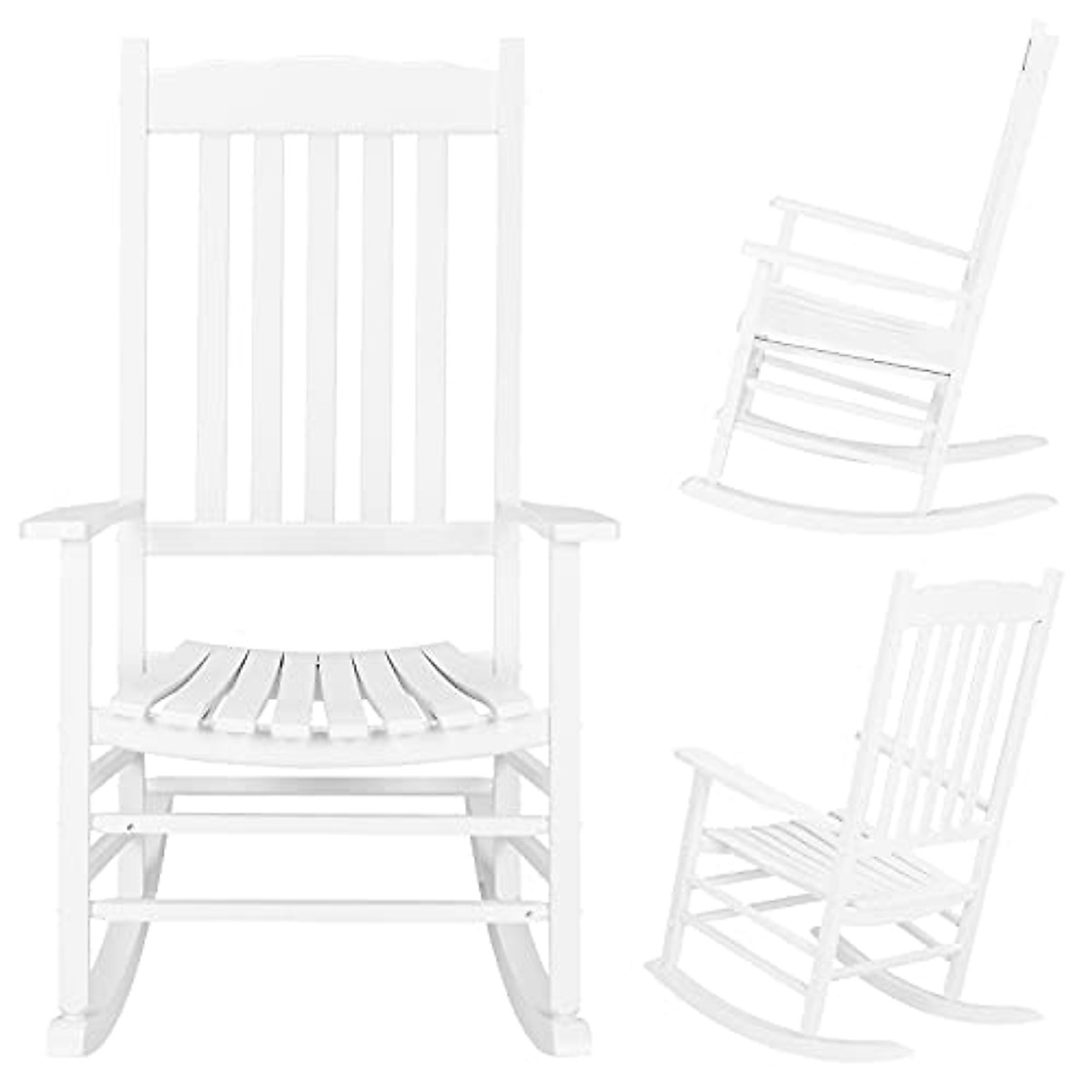 Outvita Outdoor Rocking Chair, Solid Wood High Back Rocker, All Weather Lounge Chair for Porch Patio Fire Pit Garden Backyard Deck Indoor, Wave Shape, White