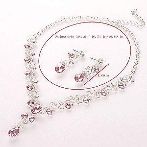 Molie Leaf Vine Crystal Necklace Earrings Jewelry Set for Bridesmaids V-Neck Formal Evening Dress (Pink)