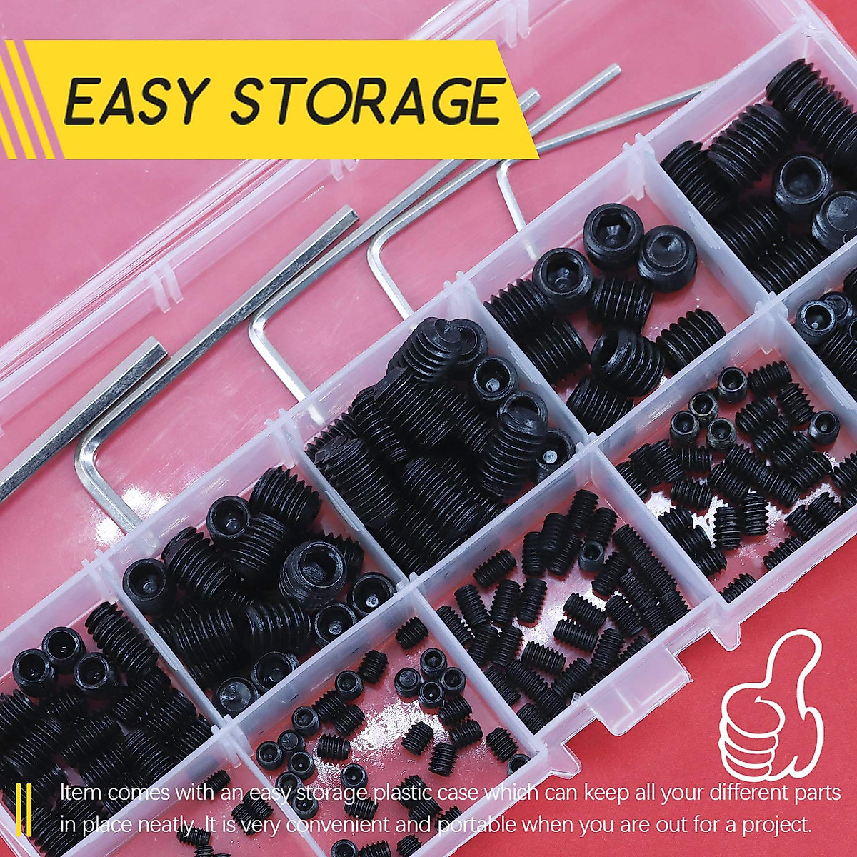 Hilitchi 230Pcs Socket Set Screw Assortment in SAE Sizes Internal Hex Drive Cup Point Allen Grub Screws 12.9 Class Black Alloy Steel (10Sizes)