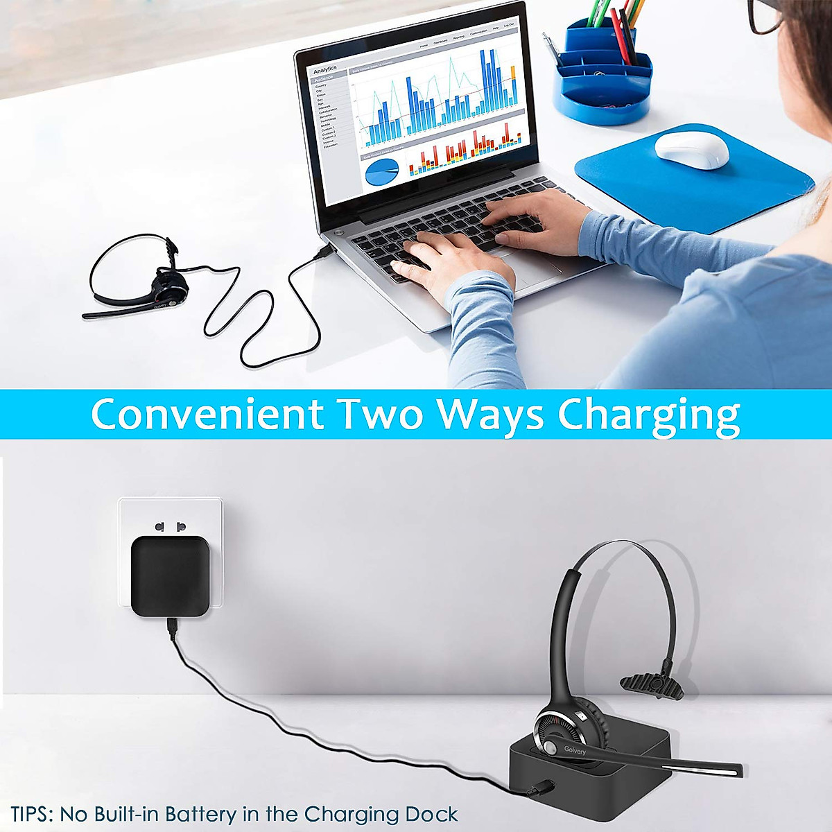 Golvery Bluetooth Headset with Mic for Phone, Office Wireless On-Ear Headphones for Office Call Center PC Skype, Noise Cancelling Mic, 15 Hours Talking Time, 200 Hrs Standby, Multi-Point, Mute ON/Off