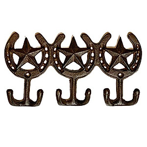 Urbalabs Western Cast Iron Rustic Country Wall Hooks Coat or Key Holder Wall Hook Mounted Decorative for Hats, Coats, Keys, Towels, Mudroom, Entryway, Mancave, Garage Bronze Finish (3 Horse Shoe Star)