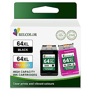 Relcolor 64XL Remanufactured Ink Cartridge Replacement for HP 64 XL 64XL Black Color Combo Compatible with Envy 7855 7155 7858 7800 6255 6252 7164 7955e 7900e Tango X Printer (Black, Tricolor, 2 Pack)