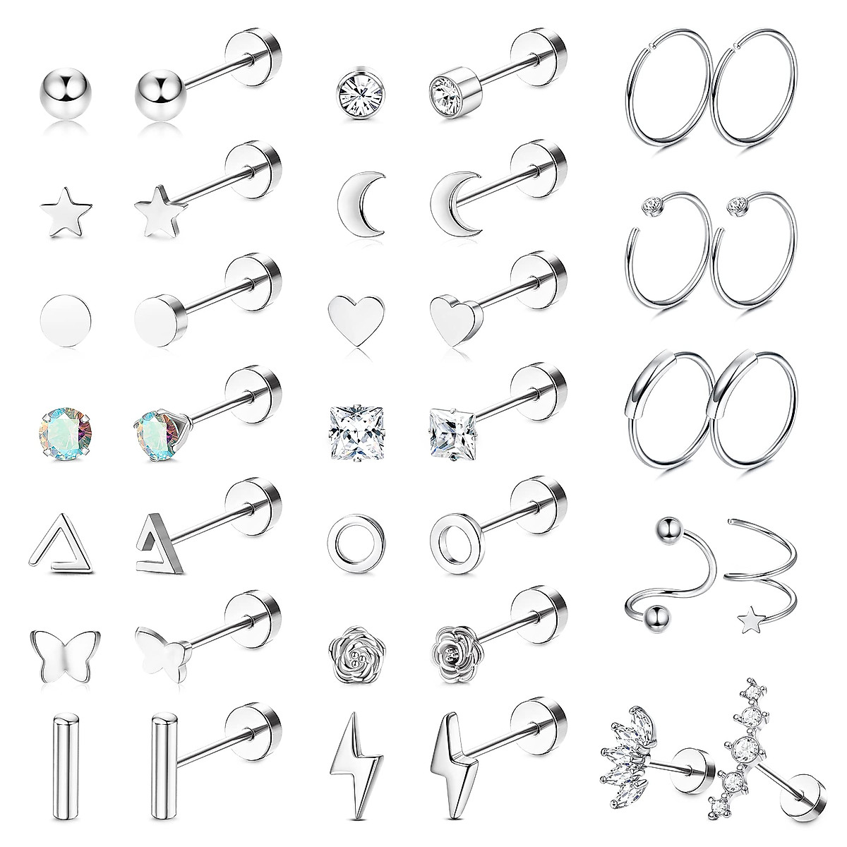 FASACCO Cartilage Earrings Silver 18G Flat Back Stud Earrings Surgical Steel Helix Tragus Piercing Jewelry