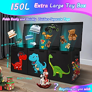 Extra Large Toy Box, Collapsible Sturdy Toy Storage Organizer with Lids, Dinosaur Toy Box for Boys Girls, 40"x16"x16" Kids Toy Chest Bin Box Baskets for Living Room, Playroom, Bedroom, Nursery, Black