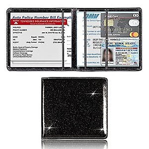 VAGURFO Car Registration And Insurance Holder, Leather Vehicle Card Document Glove Box Organizer, Glitter Auto Truck Compartment Accessories (Black)