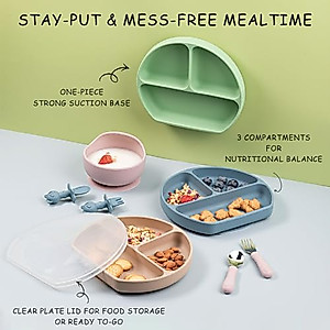 Vivalada Silicone Baby Feeding Set - Baby Led Weaning Supplies, Baby Suction Plate with Lid and Bowl, Toddler Self Feeding Spoons Forks Sippy Cup Adjustable Bib, Baby Utensils for 6-12 Months (Beige)