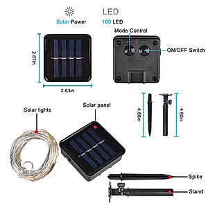 Solar String Lights, 100-LED 39ft 8-Lighting Modes Waterproof Copper Wire Solar Powered Fairy Lights for Christmas, Patio, Lawn, Garden Decorations (1 Pack, Warm White)