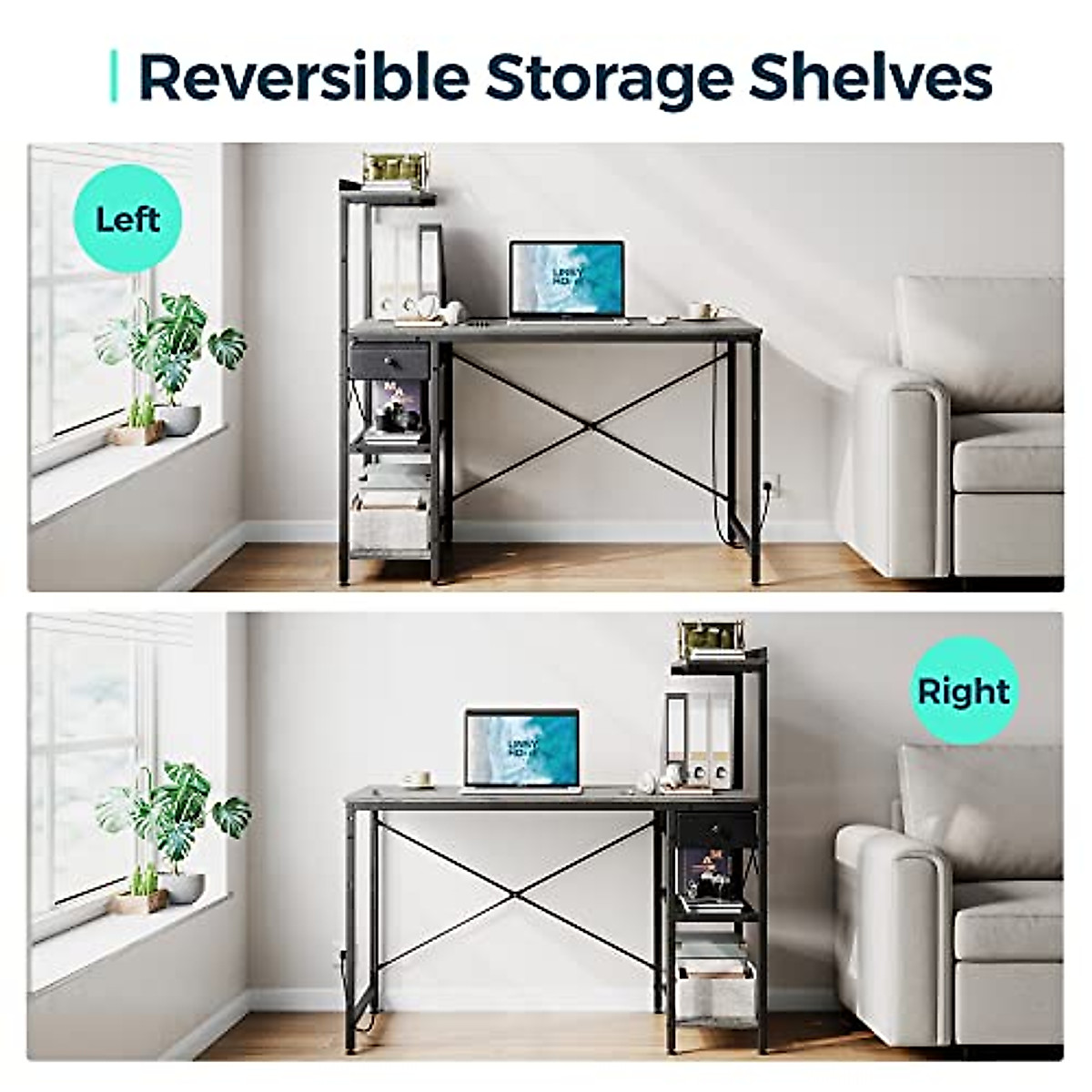 LINSY HOME Computer Desk 47”, Home Office Desk with Storage Shelves Pegboards, PC Gaming Desk with LED Lights and Outlets, Reversible Small Writing Study Desk, Grey