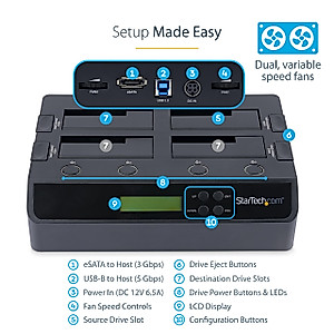 StarTech.com Dual Bay Hard Drive Duplicator and Eraser, External Standalone HDD/SSD Cloner / Copier, USB 3.0 to SATA Docking Station, Hard Disk Copier / Sanitizer / Wiper Tool (SATDOCK2REU3),Black