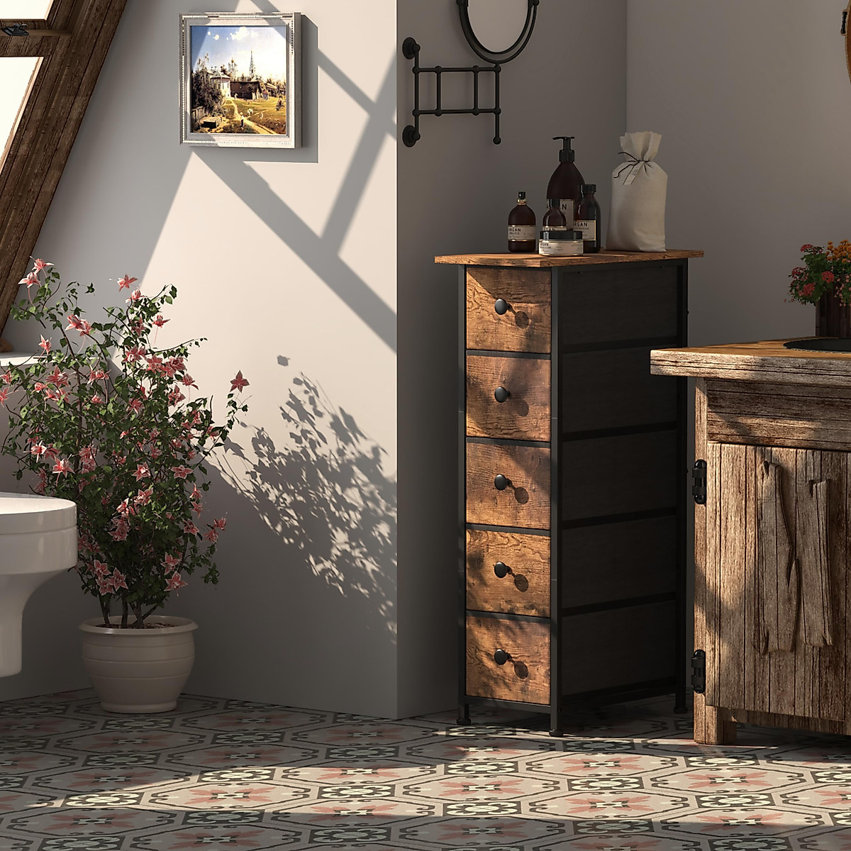 GiftGo Narrow Dresser Vertical Slim Dresser Chest of Drawers Skinny Storage Tower for Small Spaces Gaps Closet Bedroom Bathroom Small Fabric Drawer Unit (Rustic Brown, 5 Drawers)
