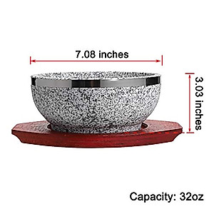 MDLUU 2 Pcs Dolsot Bibimbap Bowl 32 Oz, Granite Stone Bowl with Wood Base, Dolsot Pot for Korean Soup, Rice and Stew