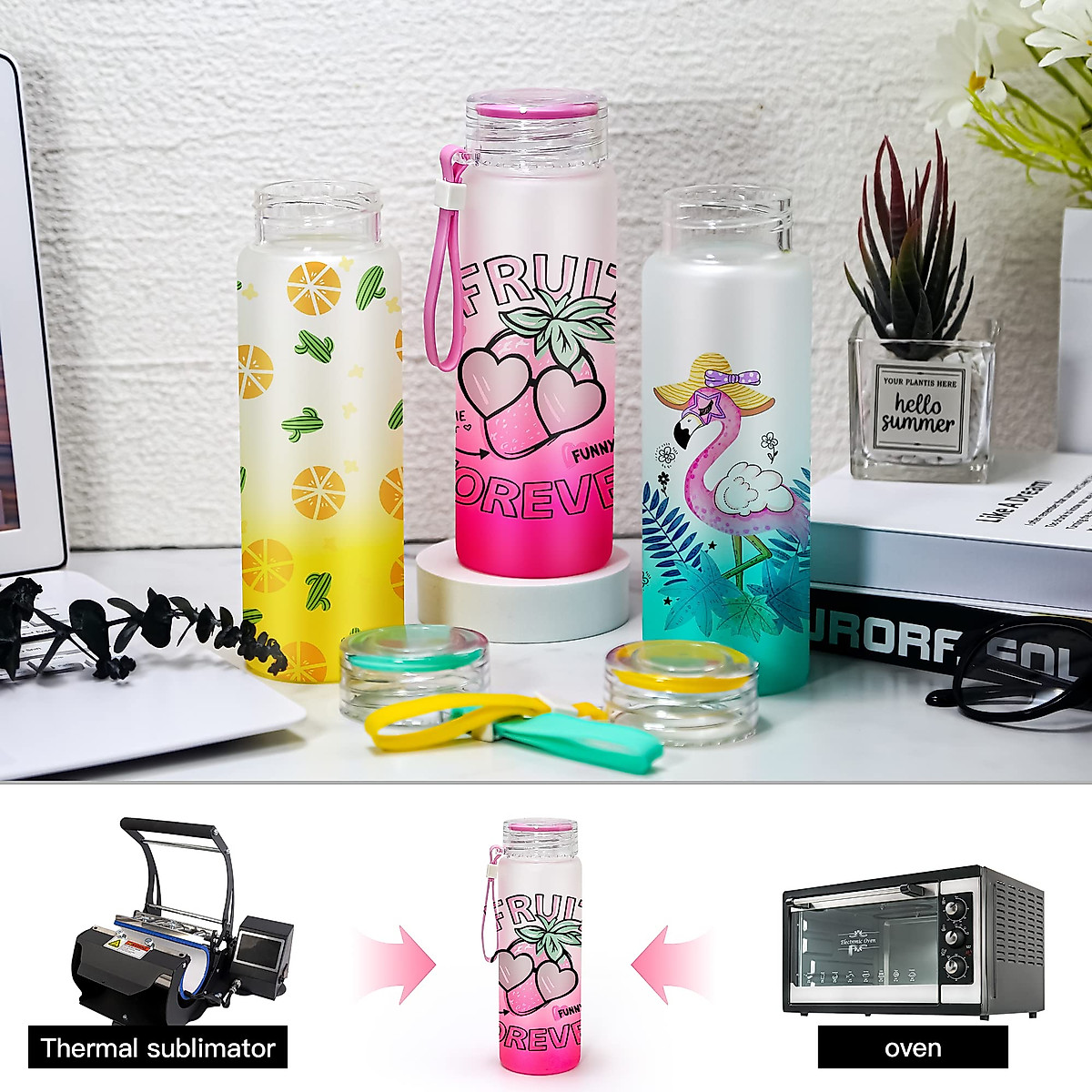 AGH Sublimation Tumblers 12 Pack-16OZ Frosted Glass Cups with Colored Carrying Handle Lid,Different Color Gradient Glass Cups,Suitable for Cold or Cot Drinks,Easy to Carry