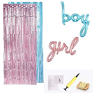 Gender Reveal Decoration Set - Metallic Fringe Curtains + BOY Girl Foil Balloons Gender Reveals Party Photo Backdrop (Pink/Blue)