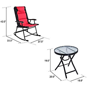 Giantex 3 PCS Folding Bistro Set Outdoor Patio Rocking Chairs Round Table Set 2 Rocking Chairs w/Glass Coffee Table for Yard, Patio, Deck, Backyard Padded Seat (Red & Black)