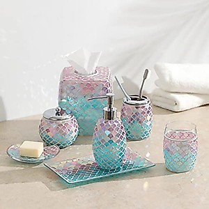 Motifeur Bathroom Accessories Set, 5-Piece Glass Bath Accessory Complete Set with Lotion Dispenser/Soap Pump, Cotton Jar, Soap Dish, Tumbler and Toothbrush Holder (Mermaid)