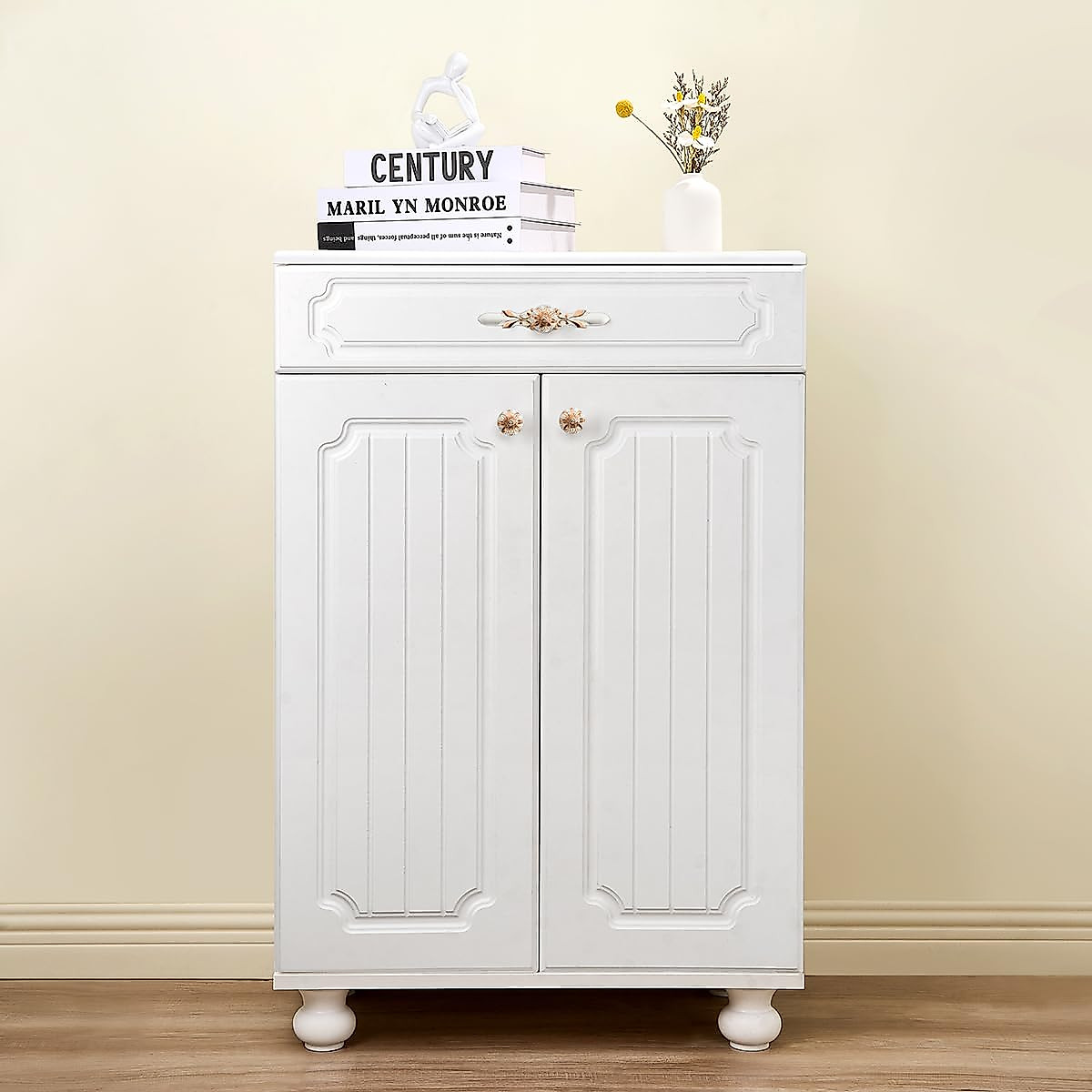 Aandxmok 10 Pack Round Ivory White Gold Knobs and Plates - 1.16” Knob & 5.8” Plate - Boho Cabinet Knobs for House Furnitures Decorative Flower Look, Metal Cabinet Desk Knobs