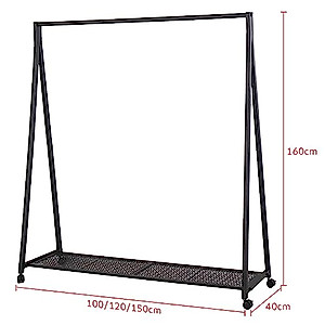 Garment Rack Single-Rail Metal Clothing Rack for Bedroom, Heavy-Duty Clothes Rail on Wheels, Freestanding Clothes Display Rack with Storage Shelf, Retail Store, Black(Size:100X40X160CM)
