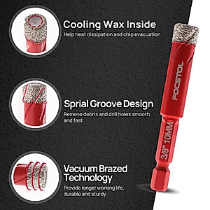 Dry Diamond Drill Bits Set - FOCSTOL 4pcs 6/8/10/12mm Diamond Hole Saw & 1pc 6mm Carbide Drill with Quick Change Hex Shank for Ceramic Porcelain Tile Marble Granite Quartz