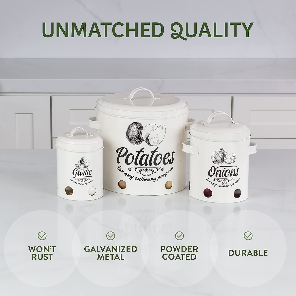 Prosper Culinary Potato and Onion Storage Bin with Garlic Holder - 3 Containers - Farmhouse Kitchen Countertop Canister - Vegetable Keeper for Potatoes, Onions, Garlic