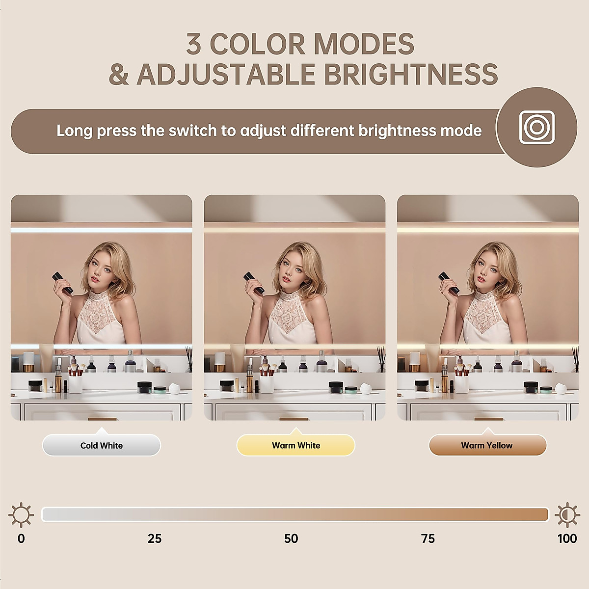 Homesflex Vanity Desk with Mirror and LED Lights, 43'' W Makeup Vanity Desk with Power Outlet, 3 Color Modes, 7 Drawers Vanity Table with Chair, Dressing Table for Bedroom, Dressing Room (White)