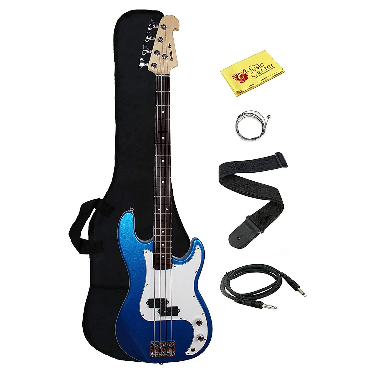 Stedman Beginner Series Bass Guitar Bundle with 15-Watt Amp, Gig Bag, Instrument Cable, Strap, Strings, Picks, and Polishing Cloth - Metallic Blue