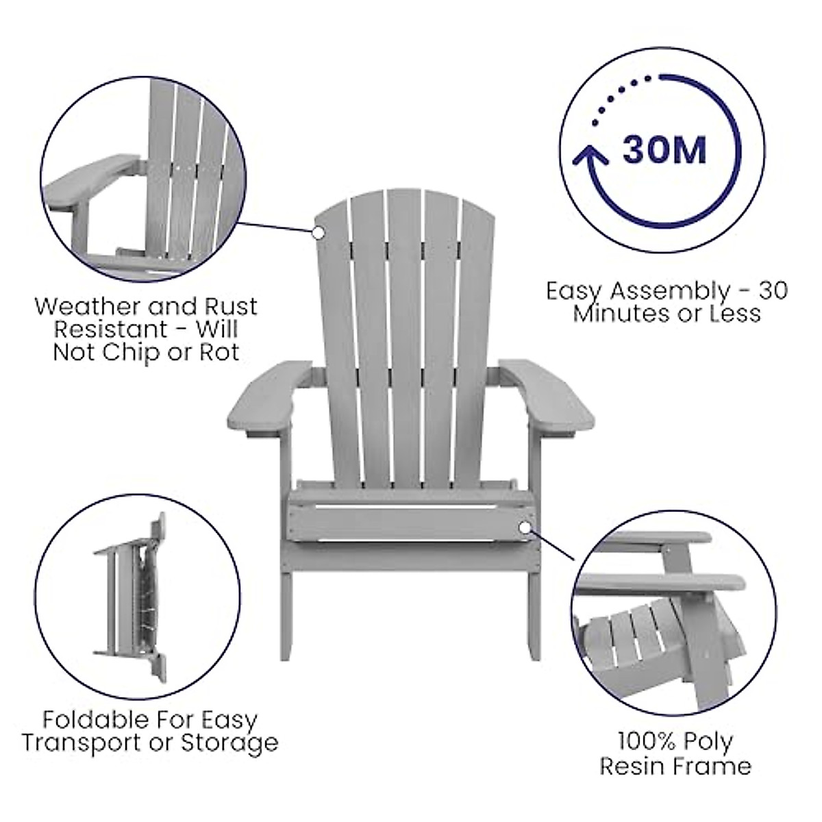 Flash Furniture Charlestown Commercial Folding Adirondack Chair - Gray - Poly Resin - Indoor/Outdoor - Weather Resistant