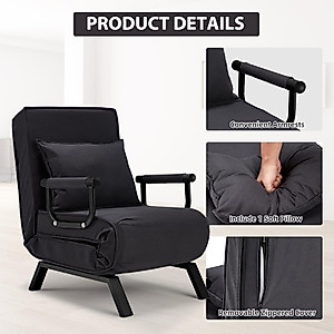 Haddockway 3-in-1 Convertible Sofa Bed Sleeper Chair with Pillow,Folding Versatile Upholstered Armchair,Adjustable Leisure Chaise with 6 Positions,Lazy Bed Lounge Recliner for Home,Office (Black)
