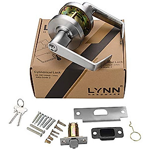 LYNN HARDWARE Commercial Door Lever Lock - Heavy-Duty Locking Door Handle, Designer Door Handles, Cylindrical Lever Lock, Non-Handed Grade 2 Door Handle, Satin Chrome, Classroom Function