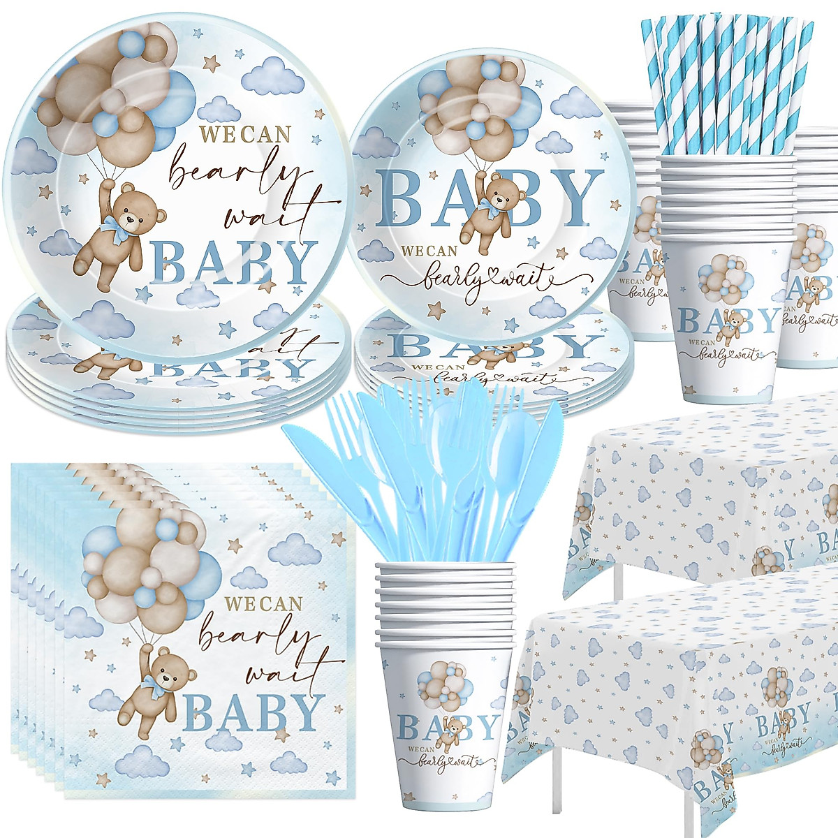 Suhelkit Bear Baby Shower Decorations Tableware - We Can Bearly Wait Baby Shower Decorations Boy, Paper Plate, Napkin, Cup, Cutlery, Tablecloth, Blue Teddy Bear Baby Shower Party Supplies | 24 Guests