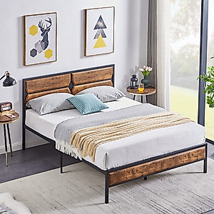 VECELO Full Bed Frame Metal Platform with Wooden Headboard & Footboard Mattress Foundation Strong Metal Slats Support No Box Spring Replacement/Easy Assemble
