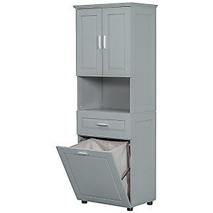 RCCFBHM Modern Bathroom High Bathroom Cabinet with Tilting Laundry Hamper with Double Door Storage and 1 Drawer, Open Storage Cabinet for Bathroom, Living Room.
