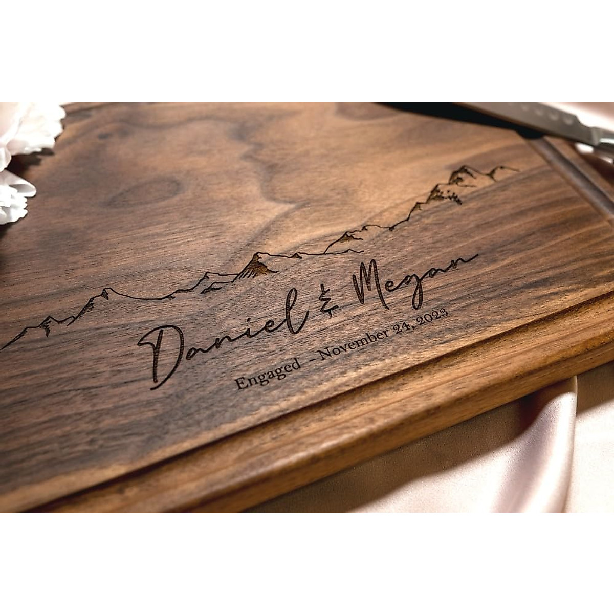 Personalized Cutting Board, Custom Wedding, Anniversary or Housewarming Gift Idea, Wood Engraved Charcuterie, for Couples and Friends, Minimalist Mountain Design 103