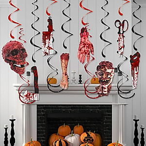 Halloween Bloody-Scary Indoor-Outdoor Party-Decoration Garland - 12pcs Creepy Skulls Zombie Skeleton Haunted House Swirl Streamers Banner,Window Fireplace Classroom Hanging Decor Lasting Surprise…