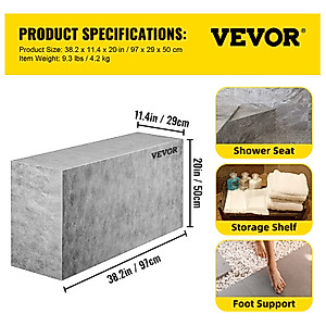 VEVOR Ready to Tile Shower Seat, 38.2" x 11.4" x 20" corner shower bench, Factory Waterproof & 100% Leak Proof Tileable Shower Corner Seat, 440lbs Load-Bearing Rectangular Board Shower Bench, Grey