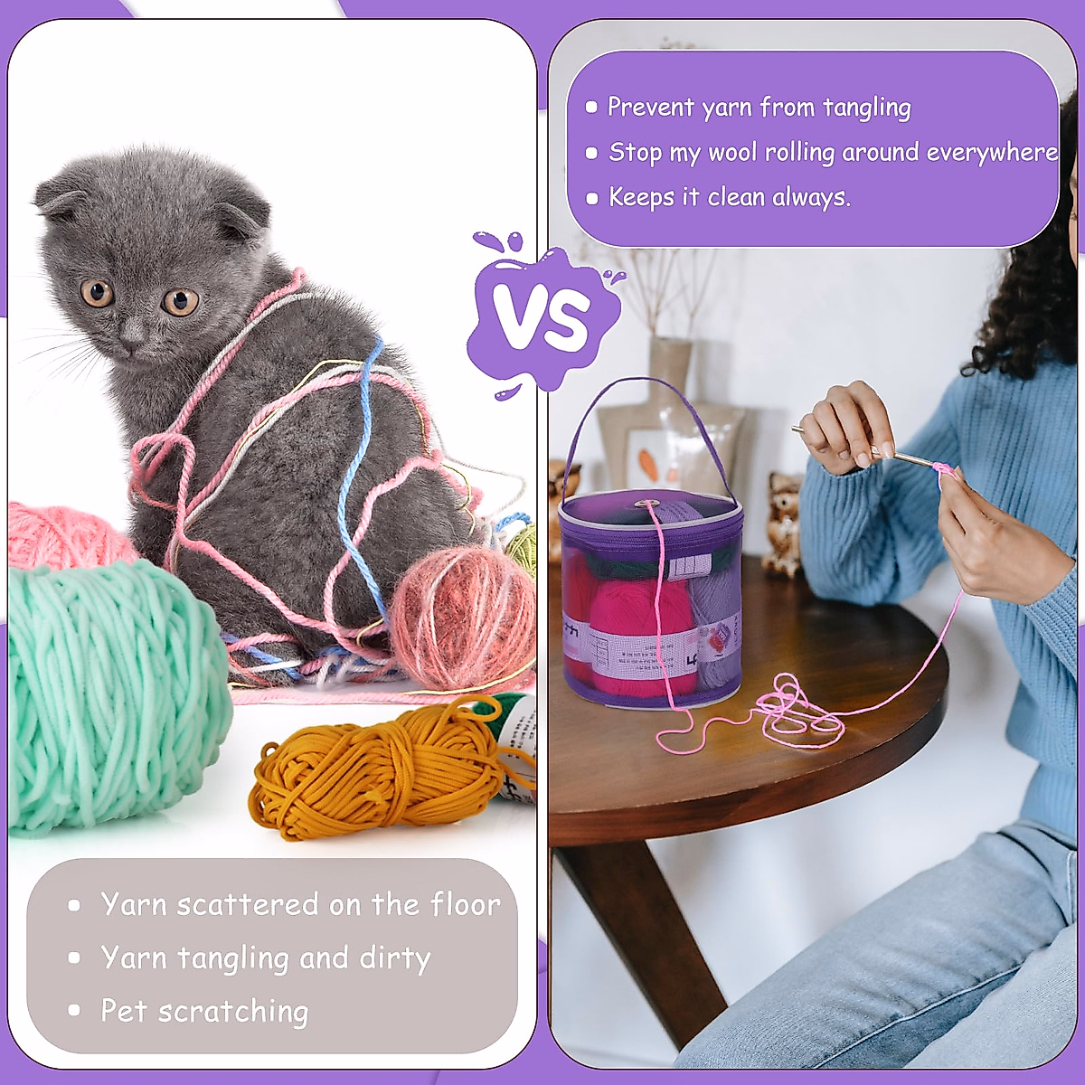 Katech Yarn Storage Case Empty Small Round Mesh Storage Bag Portable Knitting Yarn Balls Organizer Basket Crochet Thread Sewing Accessories Storage Tote Bags (Purple)