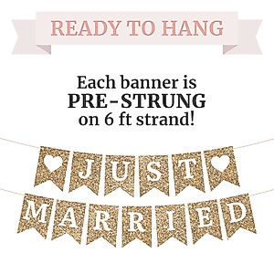 Pre-Strung Just Married Banner - NO DIY - Gold Glitter Wedding Party Banner - Pre-Strung Garland on 6 ft Strands - Gold Wedding Reception Party or Car Decorations & Decor. Did we Mention no DIY?