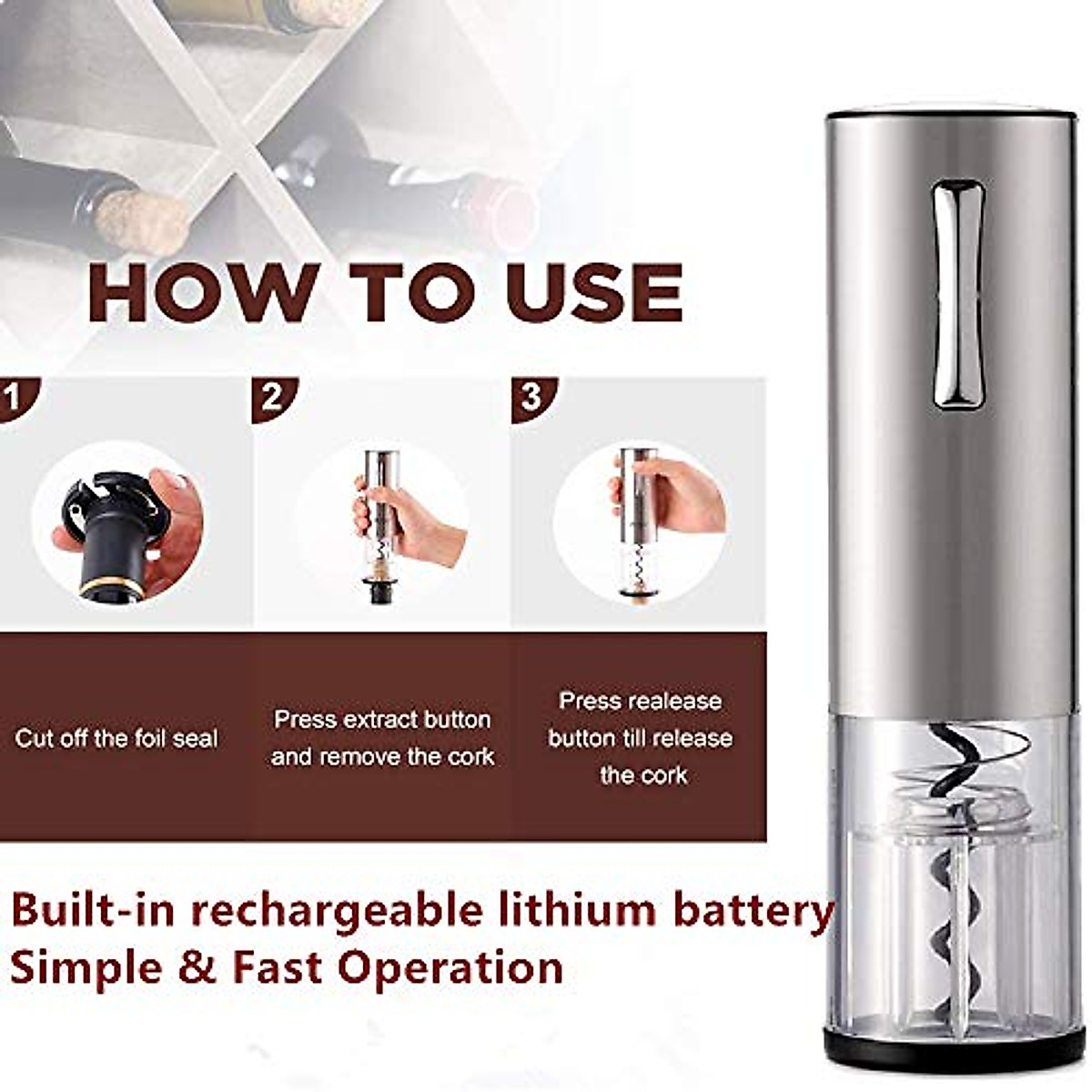 Abuzhen Electric Wine Opener, with Foil Cutter, Vacuum Stopper and Wine Aerator Pourer & USB Charging Cable,Automatic Corkscrew Bottle Opener for Wine Lover 4-in-1 Gift Set, Stainless Steel