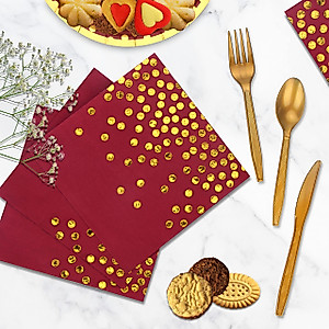 140 Pcs Burgundy & Gold Party Supplies - Gold Dot Disposable Dinnerware - Paper Plates, Napkins, Cups, Plastic Forks, Knives, Spoons for Christmas, Wedding, Graduation Decoration